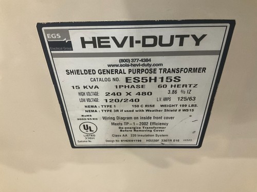 Emerson Hevi Duty ES5H15S Shielded General Purpose Transformer 15 KVA ...