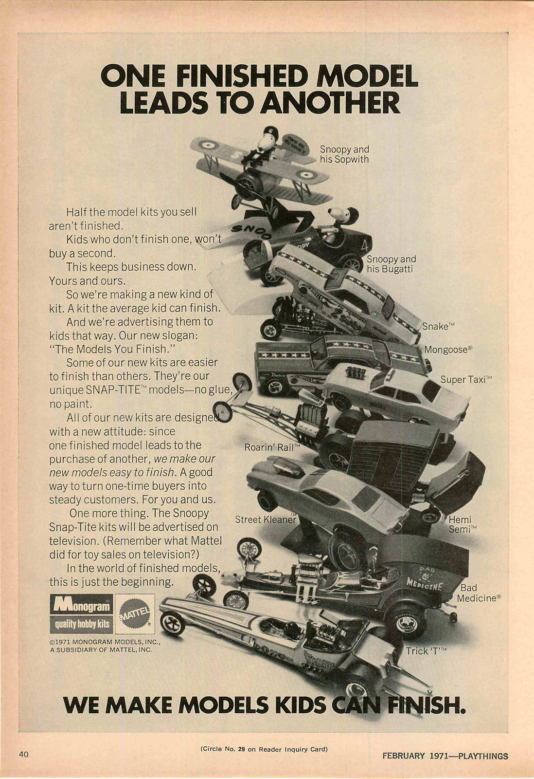 1971 ADVERT Mattel Monogram Hobby Kits Snoopy Sopwith Bugatti Bad ...