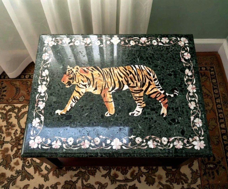 Green Marble Coffee Table with Tiger Art – Handmade Semi-Precious Stone ...