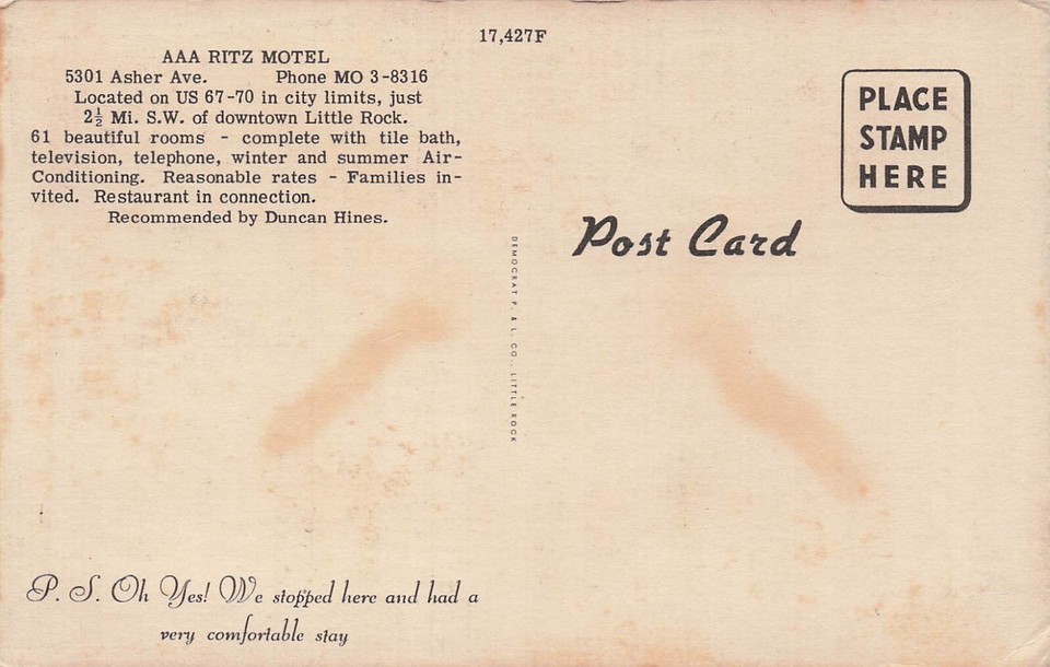 Ritz Motel Little Rock AR Arkansas Pool Hwy Hot Springs Dallas Vtg ...