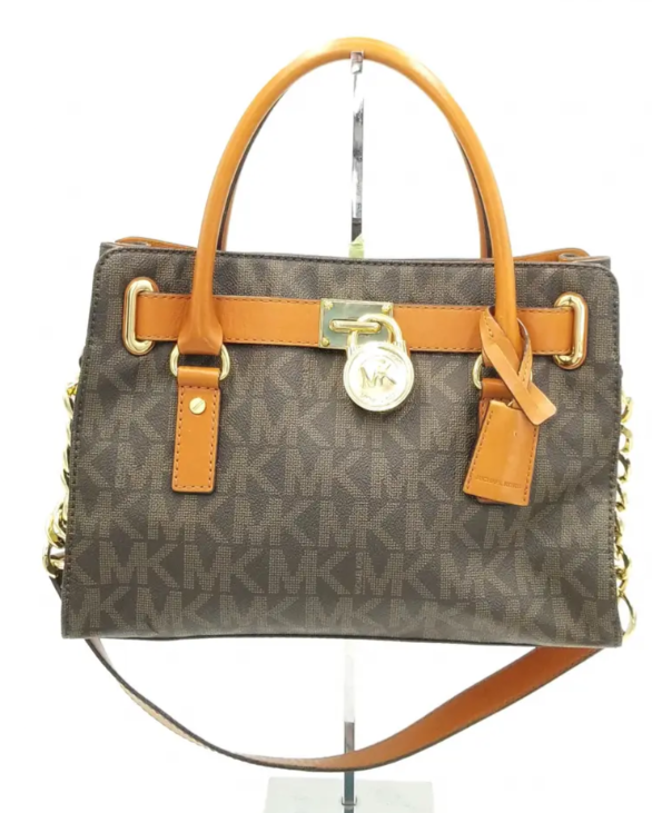 Michael Kors Medium Hamilton MK Logo Brown Coated Canvas w/Leather Trim ...