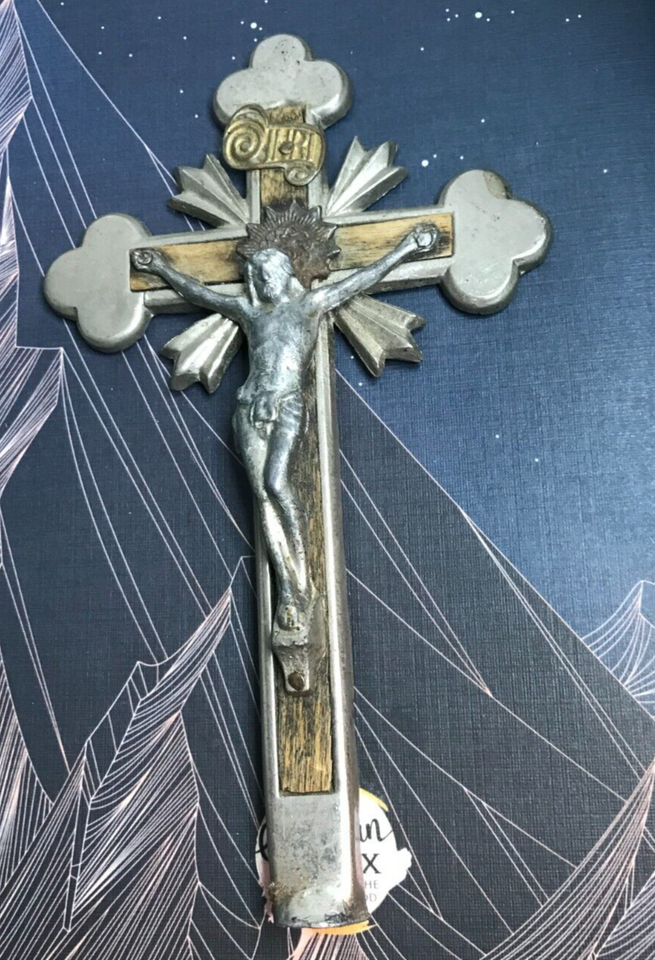 Unusual Vintage Metal/ Wood Crucifix Cross JESUS 6"x3.5" embossed back ...
