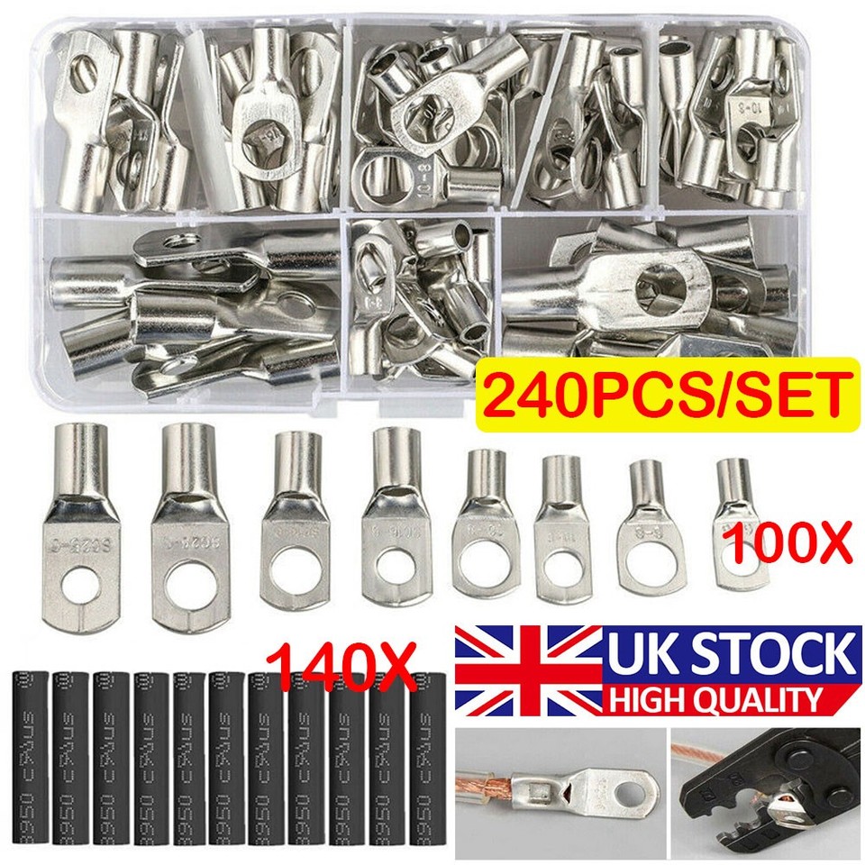240Pcs Copper Tube Terminals Battery Welding Cable Lug Ring Crimp ...