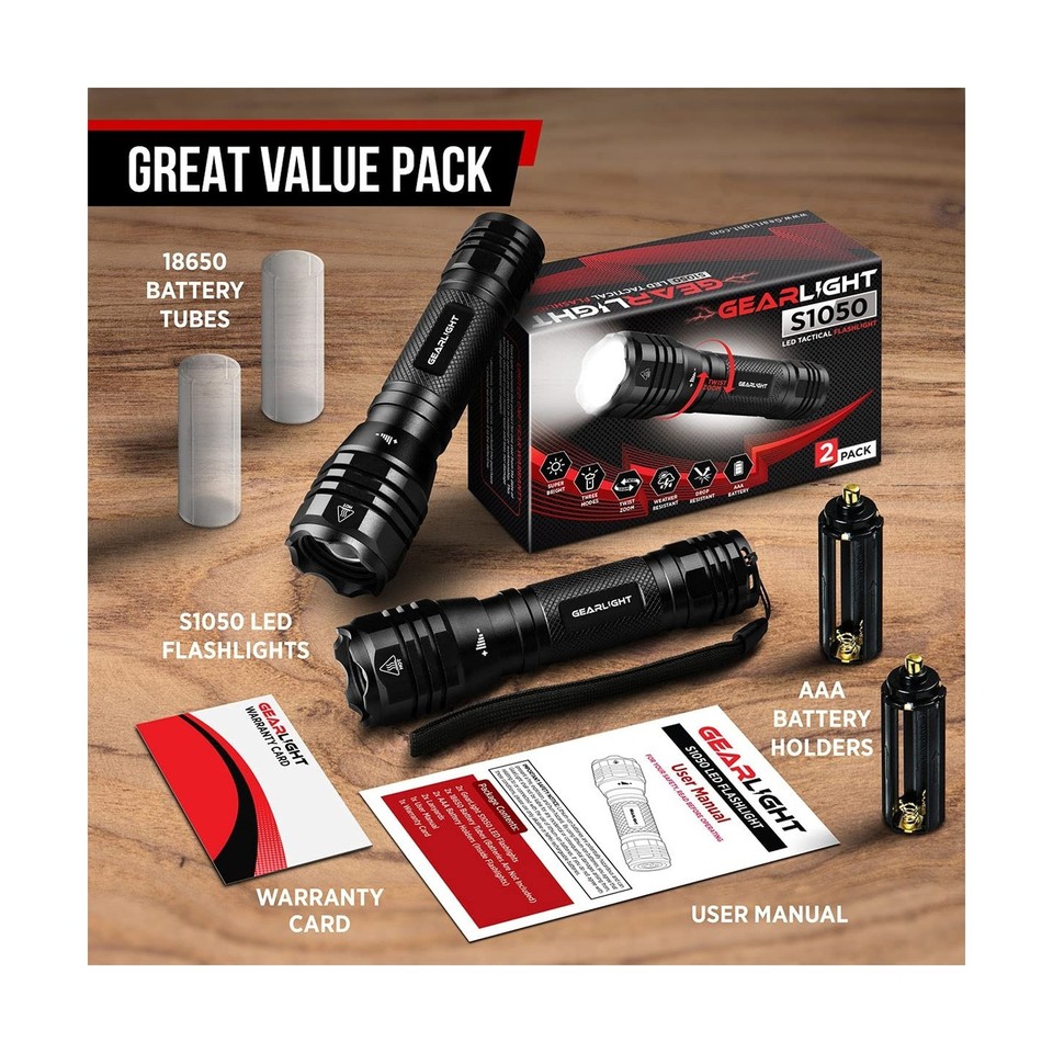 GearLight S1050 LED Flashlight Pack - 2 Bright, Zoomable Tactical ...