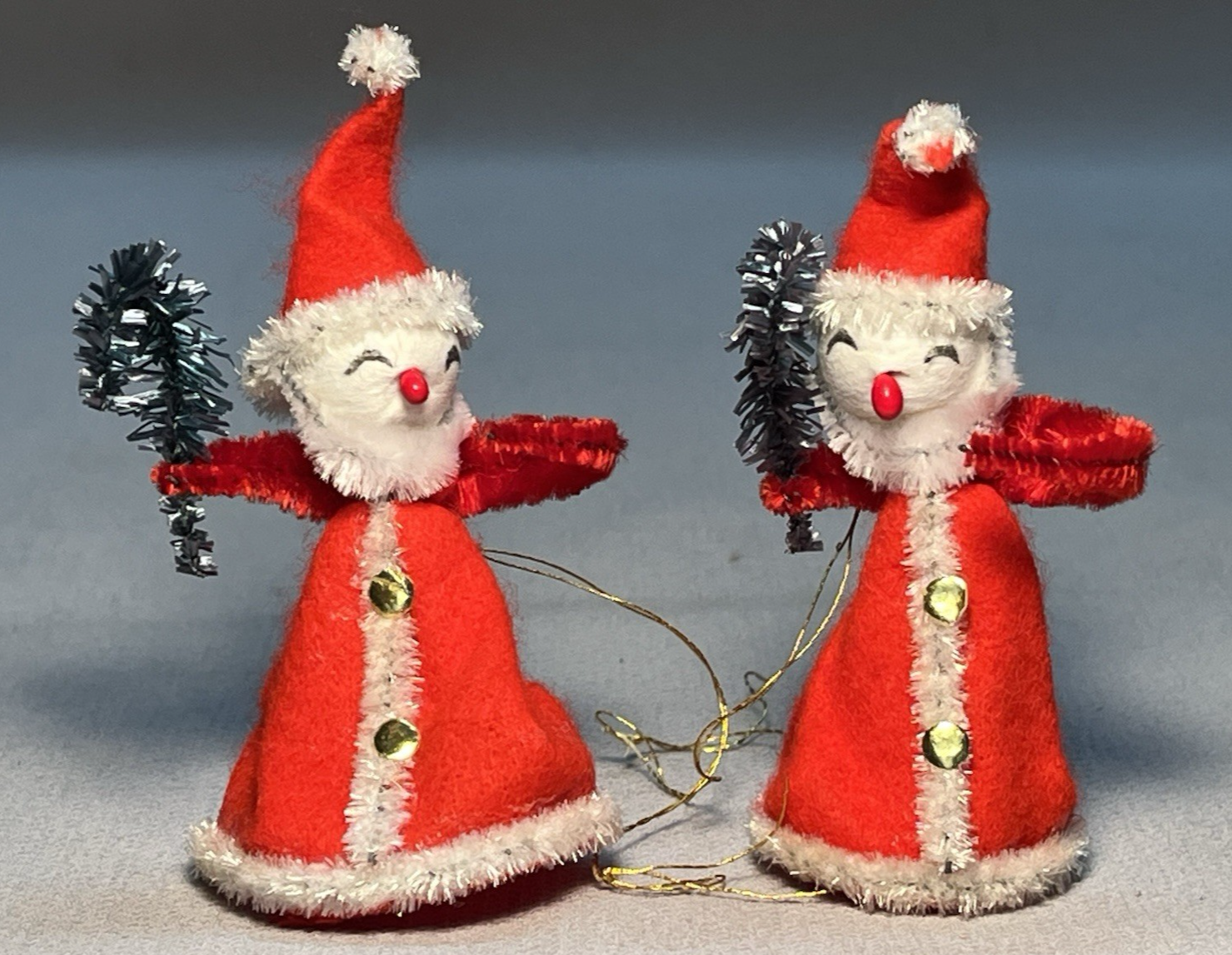 Vintage MCM Pair Of 2 Spun Cotton Chenille Pipe Cleaner Santa Figurines ...