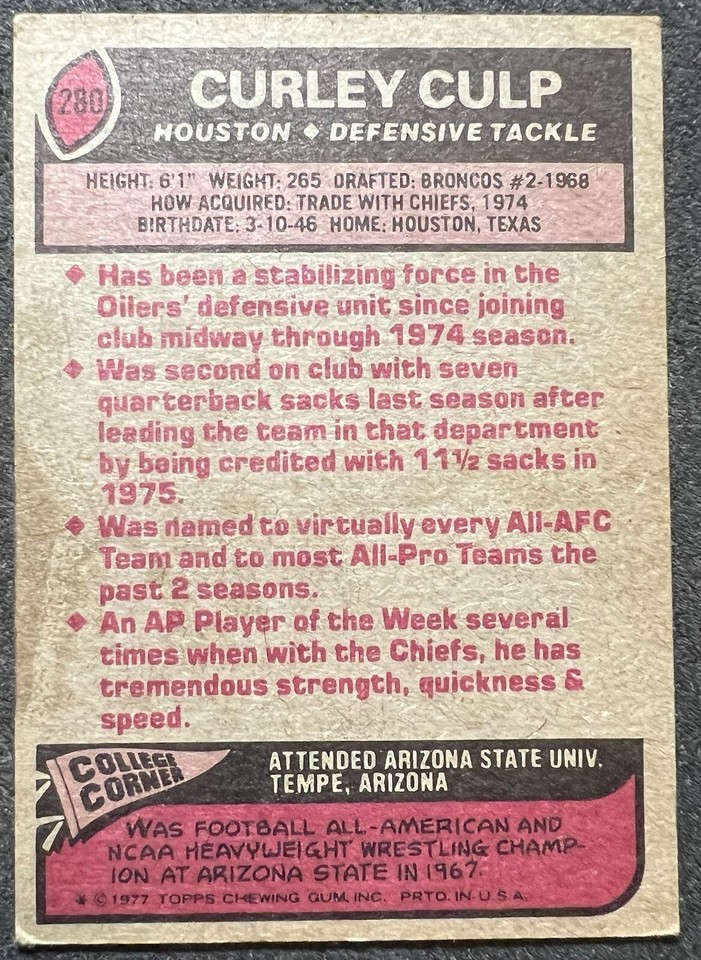 1977 TOPPS CURLEY CULP (OILERS) 1976 ALL-PRO #280 VG WAX STAIN ON BACK ...