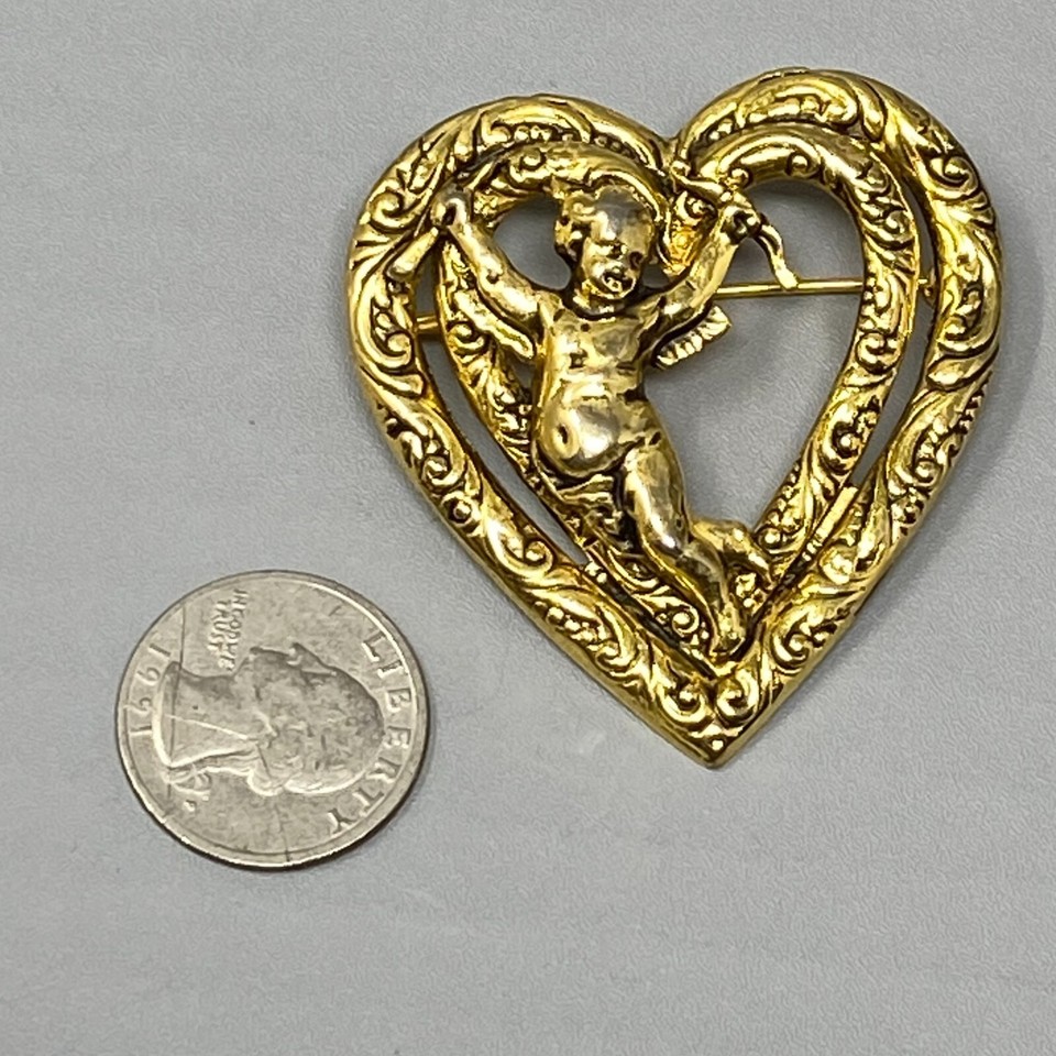 Heart Brooch Pin Cherub Angel Open Work Textured Scroll Double Cupid ...