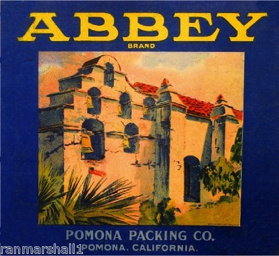 Pomona Los Angeles County Abbey Mission Orange Citrus Fruit Crate Label ...