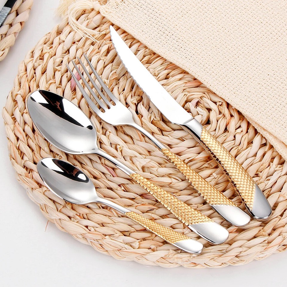 Luxury Gold Plated Flatware Set Silverware Hammered Handle, Cutlery ...