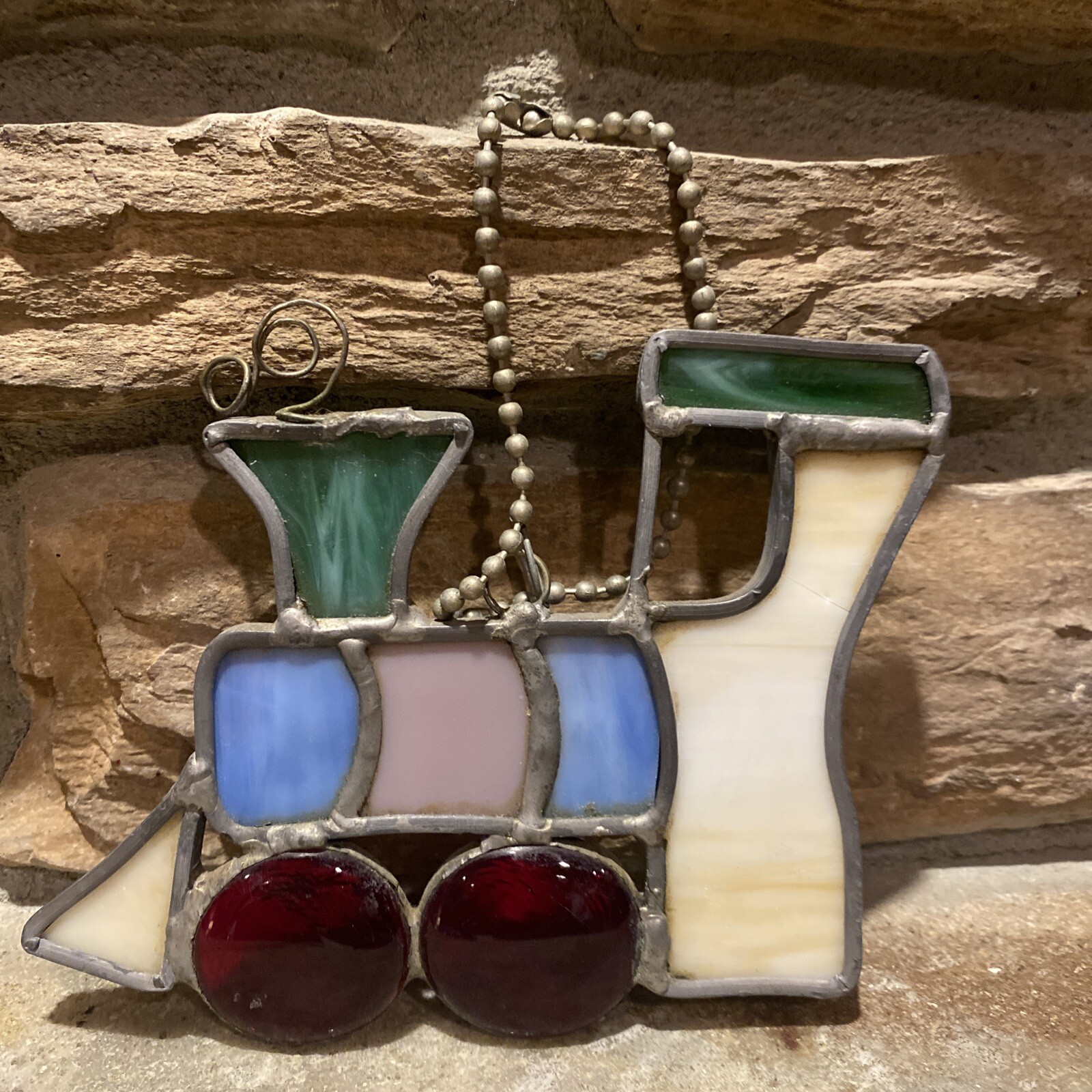 Vintage Stained Glass Suncatcher Colorful Train Leaded Glass with Chain ...