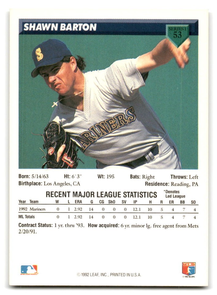 Shawn Barton 1993 Donruss Baseball #53 Seattle Mariners Rookie RC | eBay