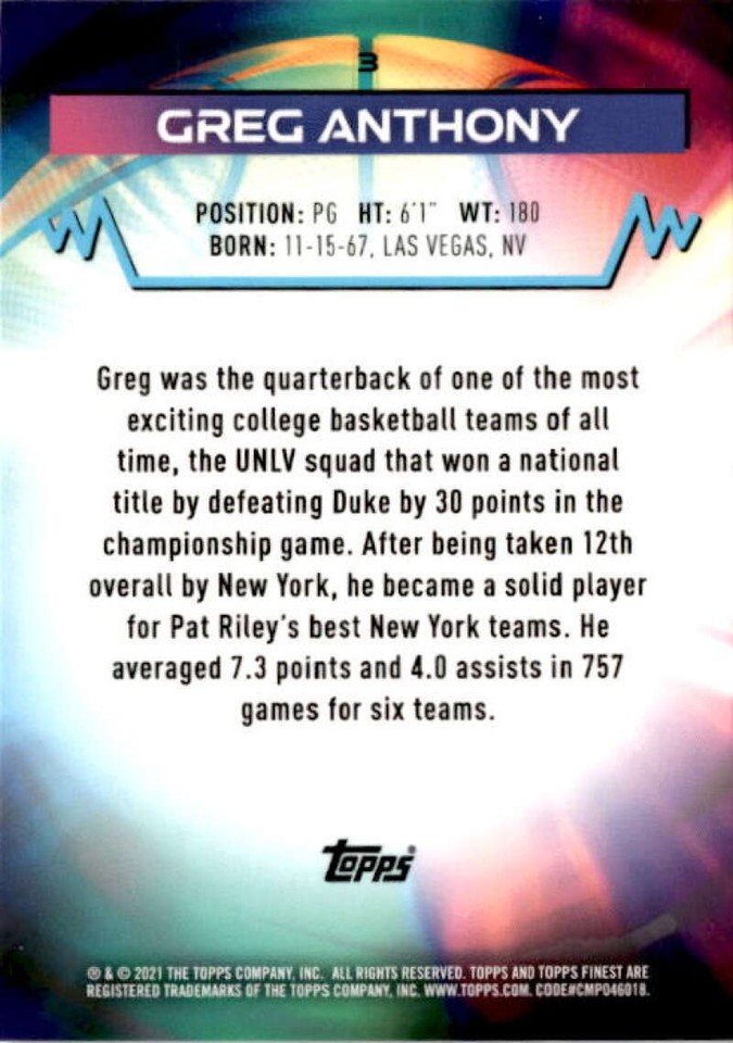 2021 Topps Finest #3 Greg Anthony Basketball Card | eBay