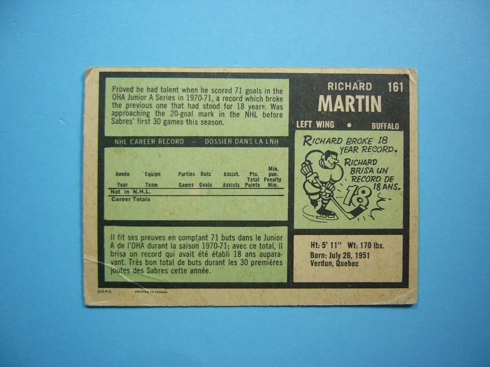 1971/72 O-PEE-CHEE NHL HOCKEY CARD #161 RICHARD RICK MARTIN ROOKIE RC ...