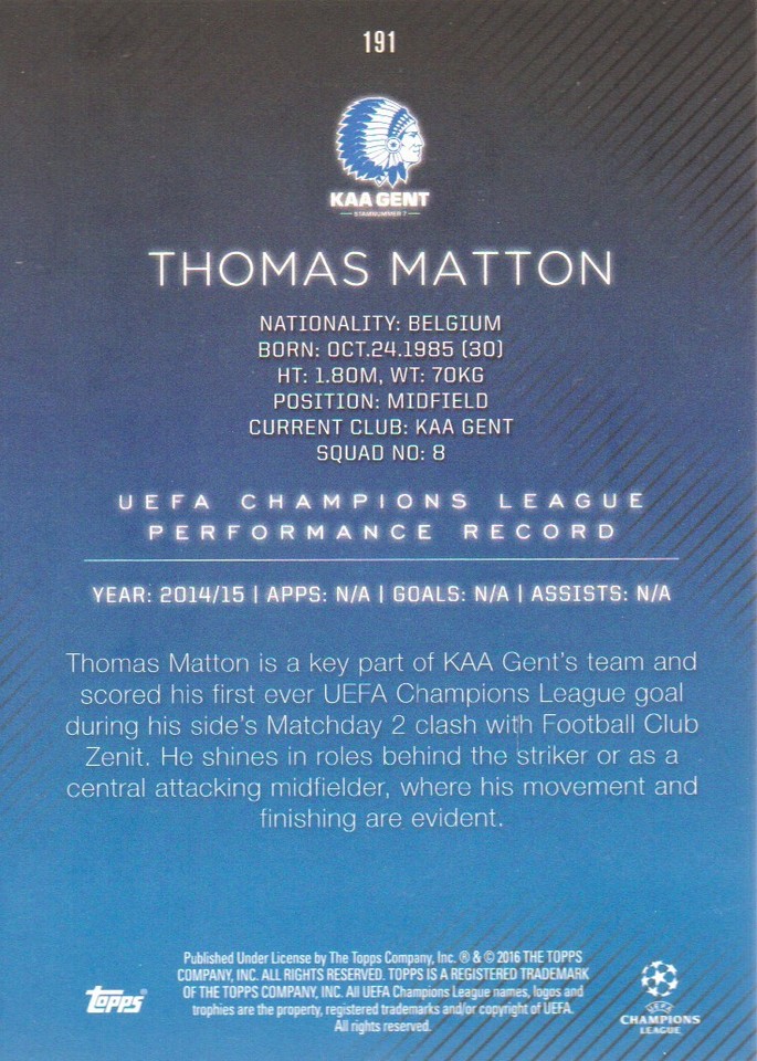 2015-16 Topps UEFA Champions League Showcase #191 Thomas Matton KAA ...