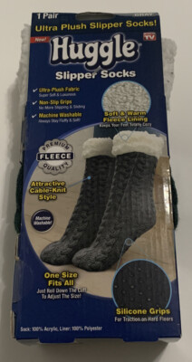 Huggle Slipper Socks One Size Fits All Gray Fleece Plush Silicone Grips ...