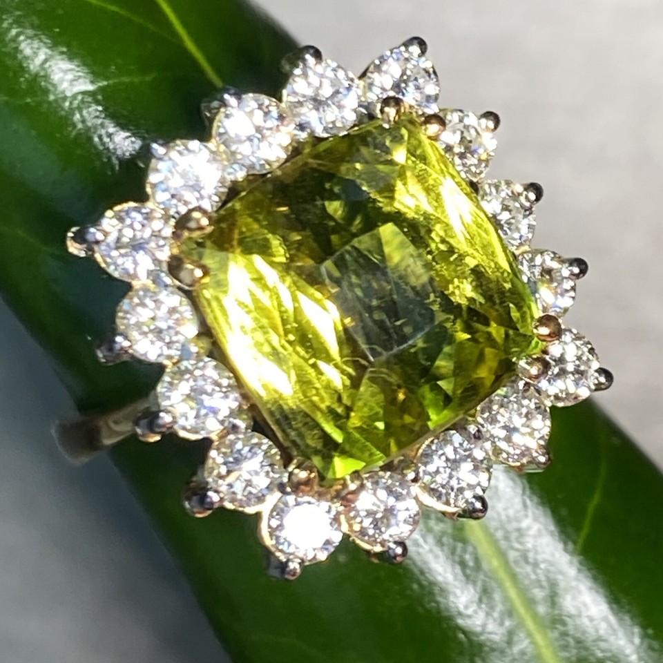 Burle Marx 18K Yellow Gold Cushion Green Chrysoberyl Diamond Halo ...