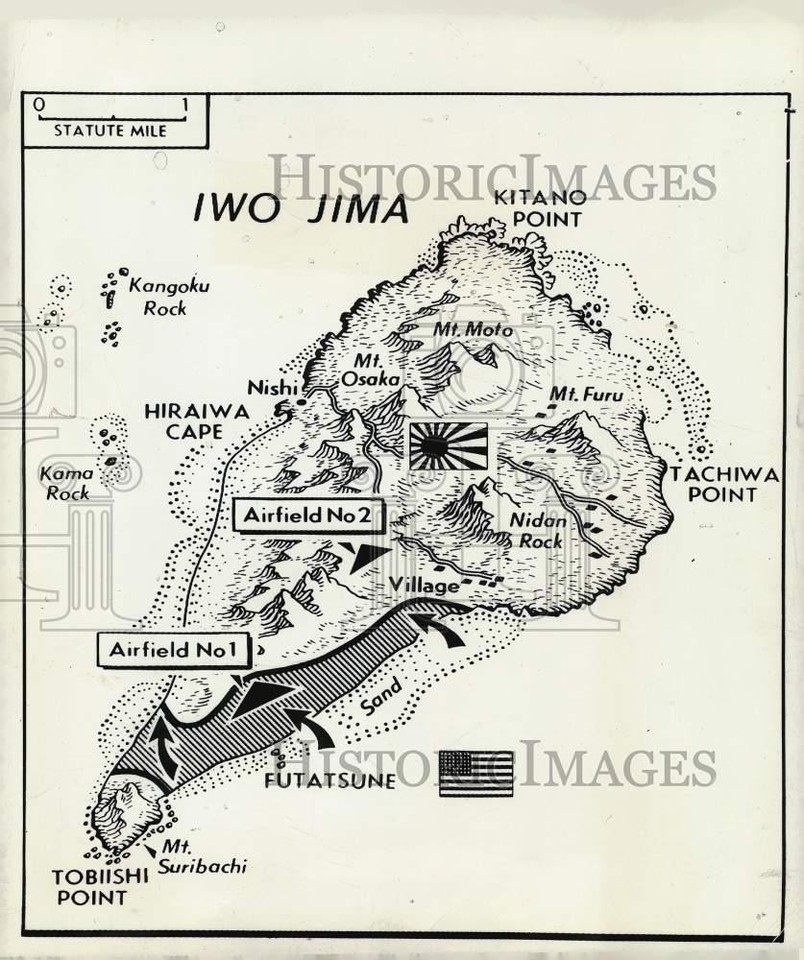 1945 Press Photo Map Of Iwo Jima Showing Invasion Points, Airfields ...