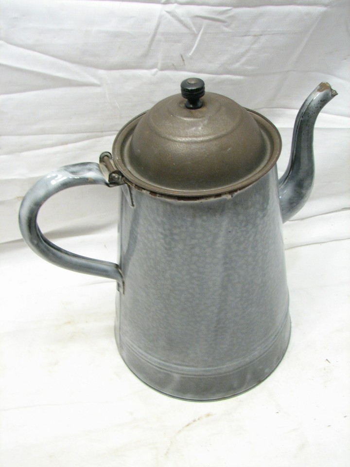 Early Primitive Gray Agate Enamel Ware Coffee Pot Pitcher Camping Fire ...