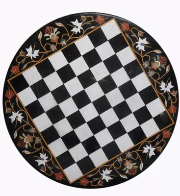 Black Marble Round Chess Board Malachite Stone Inlay Work For Kids Room ...