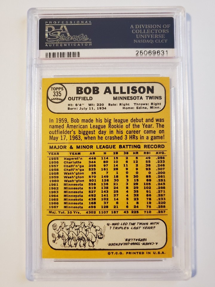 1968 Topps Bob Allison #335 PSA 9 MINT Minnesota Twins | eBay