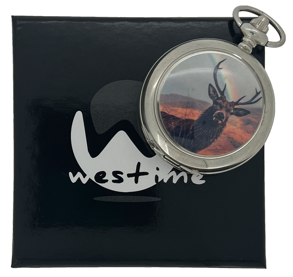 Highland Stag Silver Case Quartz Pocket Watch And Chain by WESTIME WTS ...