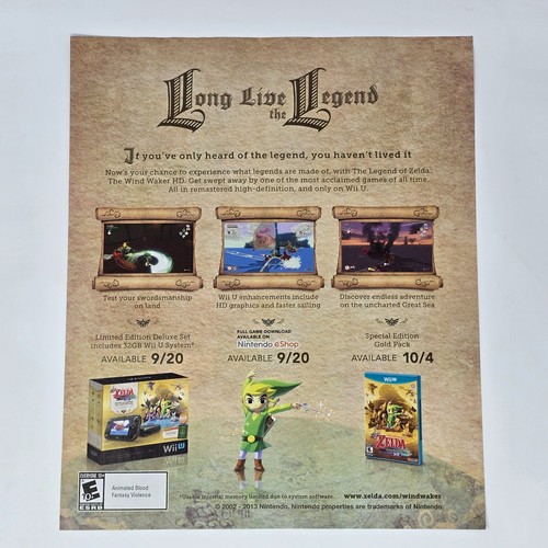 The Legend of Zelda Windwaker HD Wii U Long Live LARGE Print Ad/Poster ...