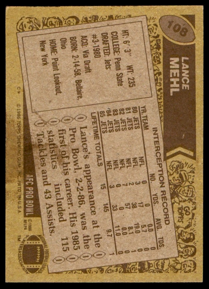 1986 Topps Lance Mehl New York Jets #108 | eBay