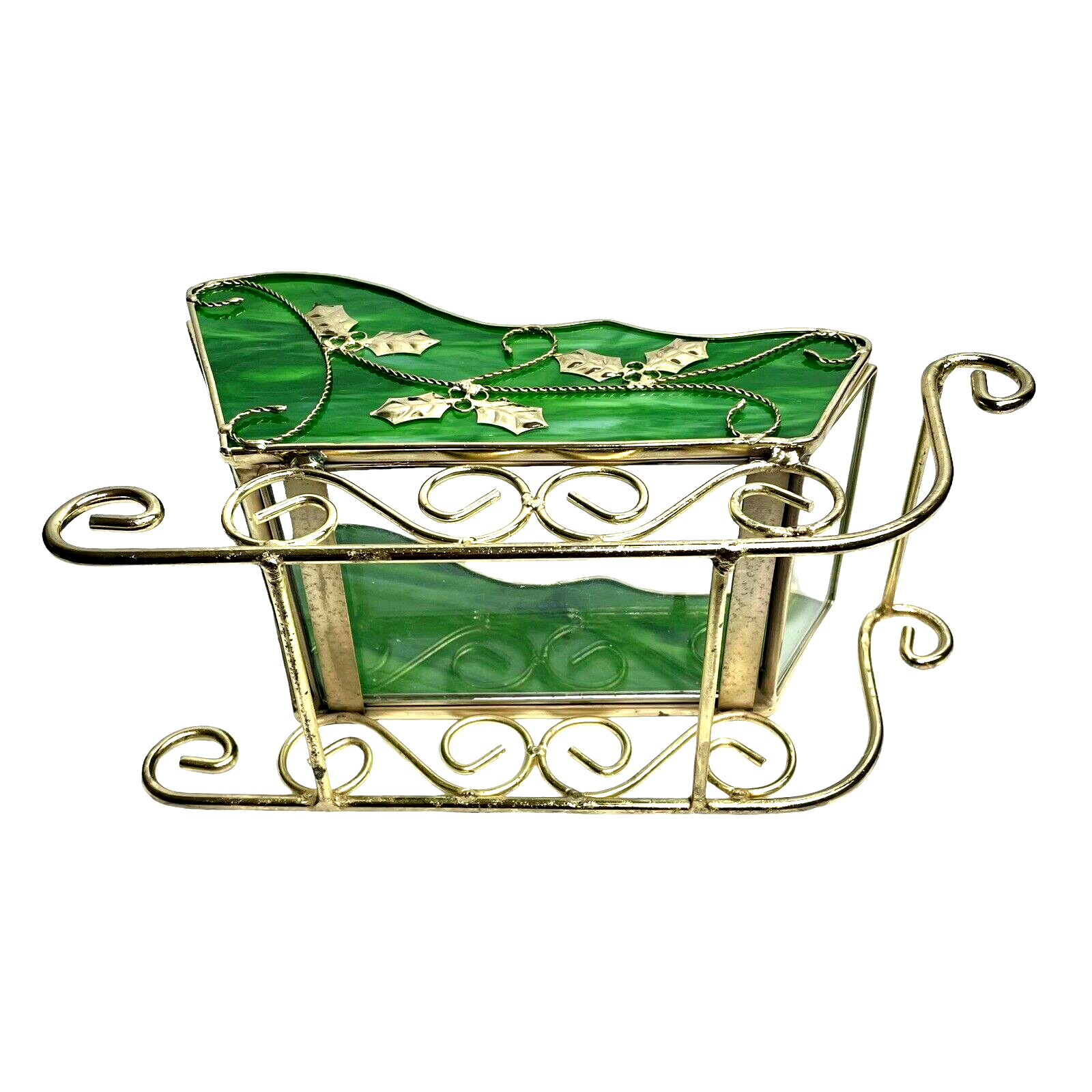 Stained Glass Santas Sleigh Green Slag Glass Gold Trim Holly Greenery ...