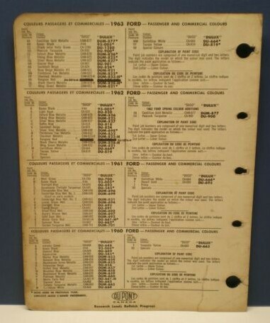 1964 FORD CANADA PASSENGER CAR COLORS DUPONT CANADA PAINT CHIP SAMPLES ...