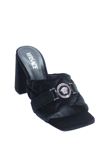 Versace Womens Block Heel Quilted Velvet Medusa Slide Sandals black ...