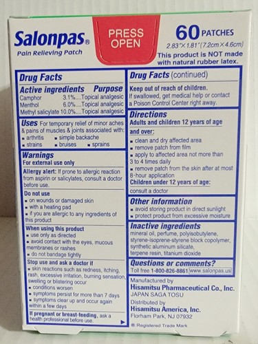 3 Boxes - 180 Total Salonpas Pain Relieving Patches (8hrs) 60ct each ...