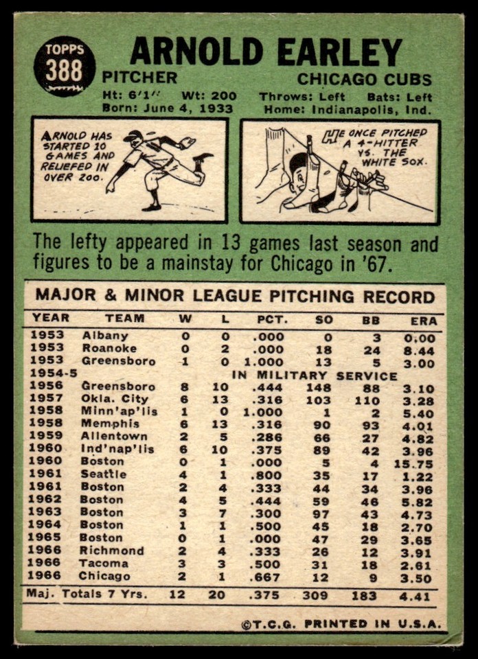 1967 Topps Arnold Earley RC Chicago Cubs #388 | eBay
