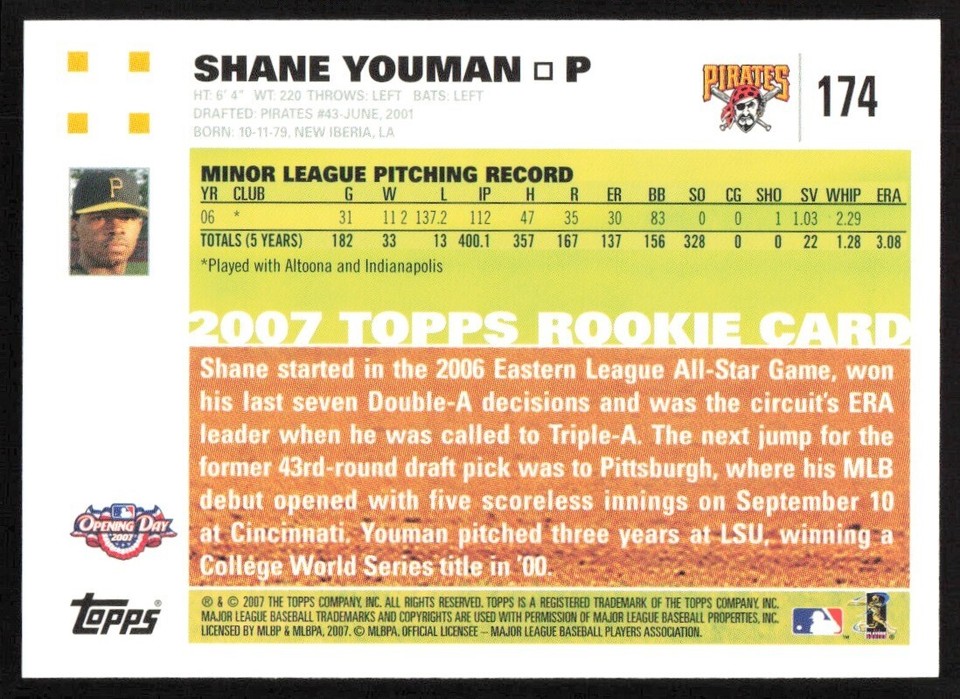 2007 Topps Opening Day Shane Youman RC #174 Pittsburgh Pirates | eBay