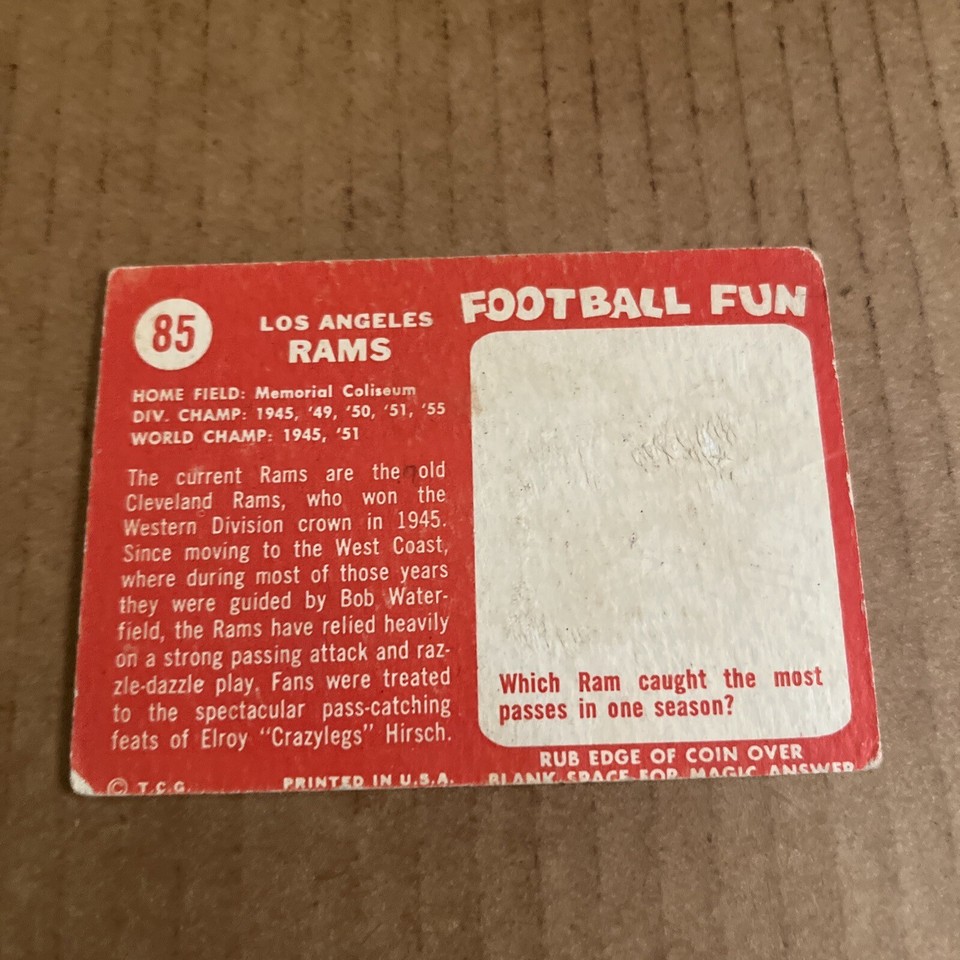 1958 Topps Los Angeles Rams Team #85 Vintage Football Card (good)(d3 ...