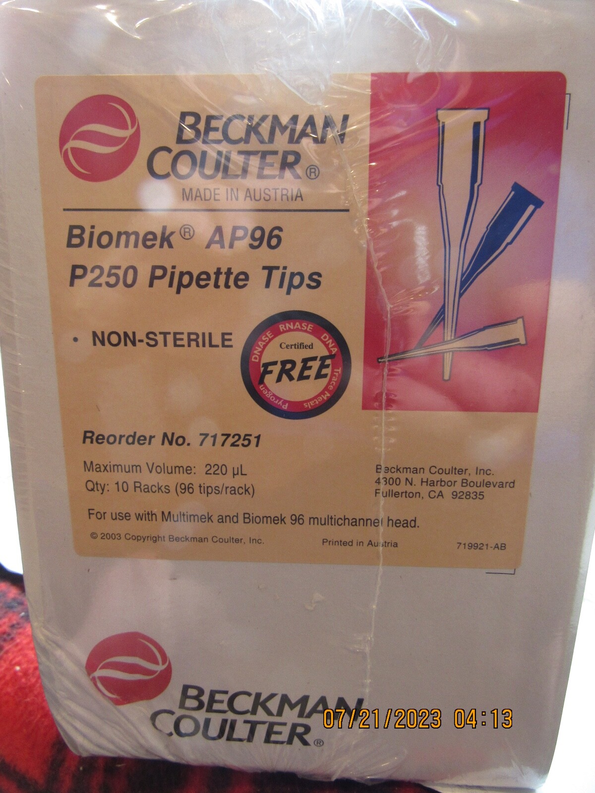 Beckman Coulter Biomek Ap96 P250 Pipette Tips PN 717251 for sale online ...
