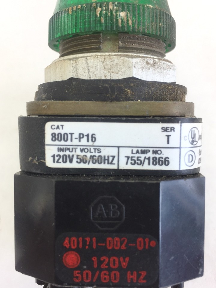 ALLEN BRADLEY 800T-P16 120V 50/60Hz PILOT LIGHT WITH GREEN LENS USED ...