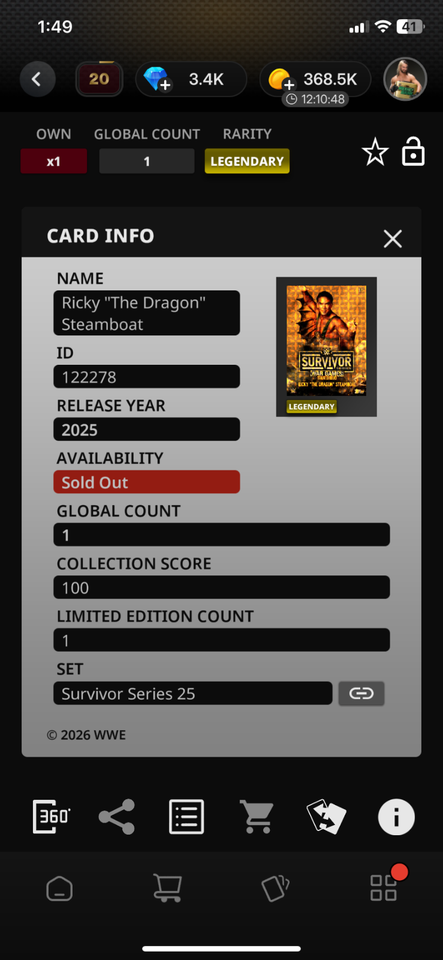 Topps Wwe Slam Digital 1/1 superfractor Ricky Steamboat survivor series ...