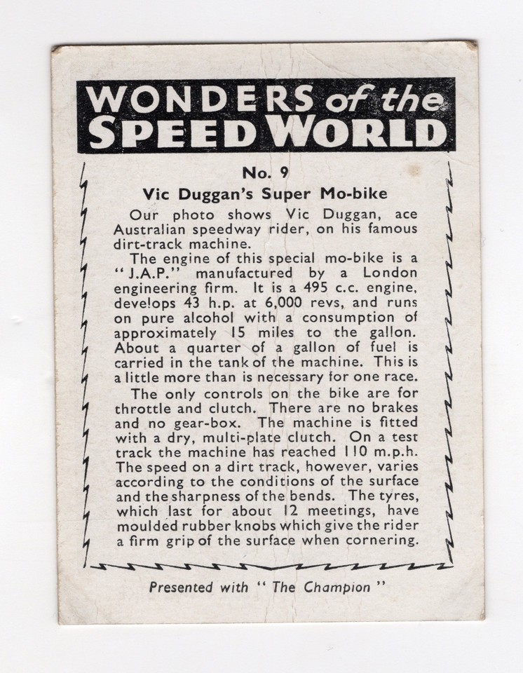 Speed World Wonders. Australian Vic Duggan Super Mo-Bike Speedway c1939 ...