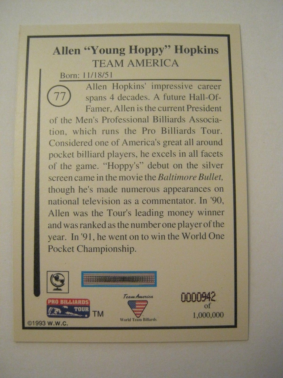 Allen Hopkins 1993 Pro Billiards Tour Card #77, Team America (MS-9) | eBay