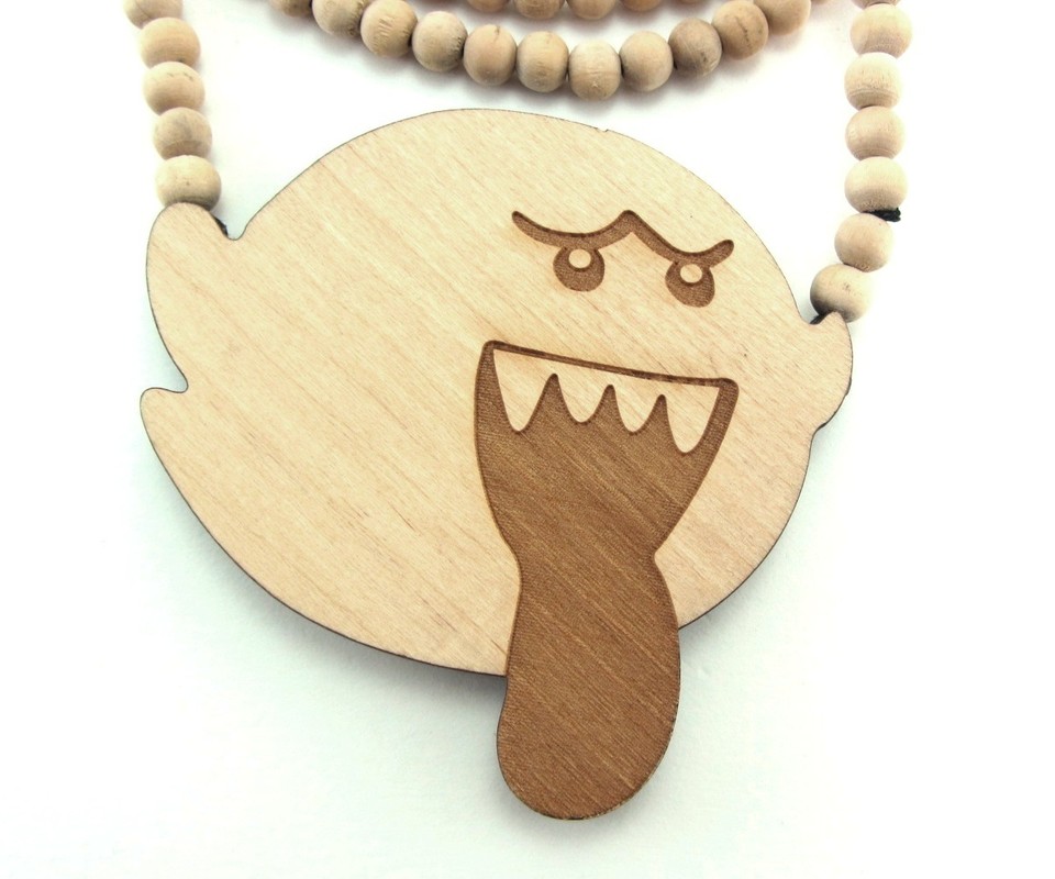 Wooden Boo Ghost Pendant Piece 36" Chain Necklace All Good Wood Mario ...