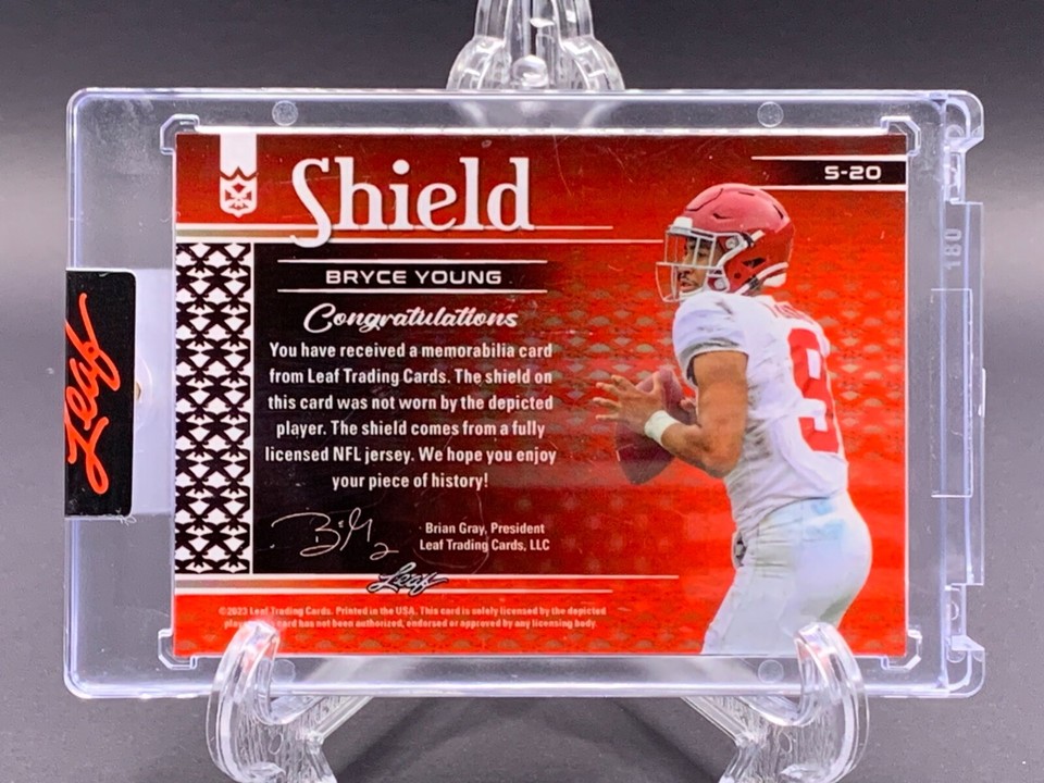 BRYCE YOUNG- 2023 LEAF GOLD ENCASED NFL SHIELD PATCH #'d 45/87 SSP XRC ...
