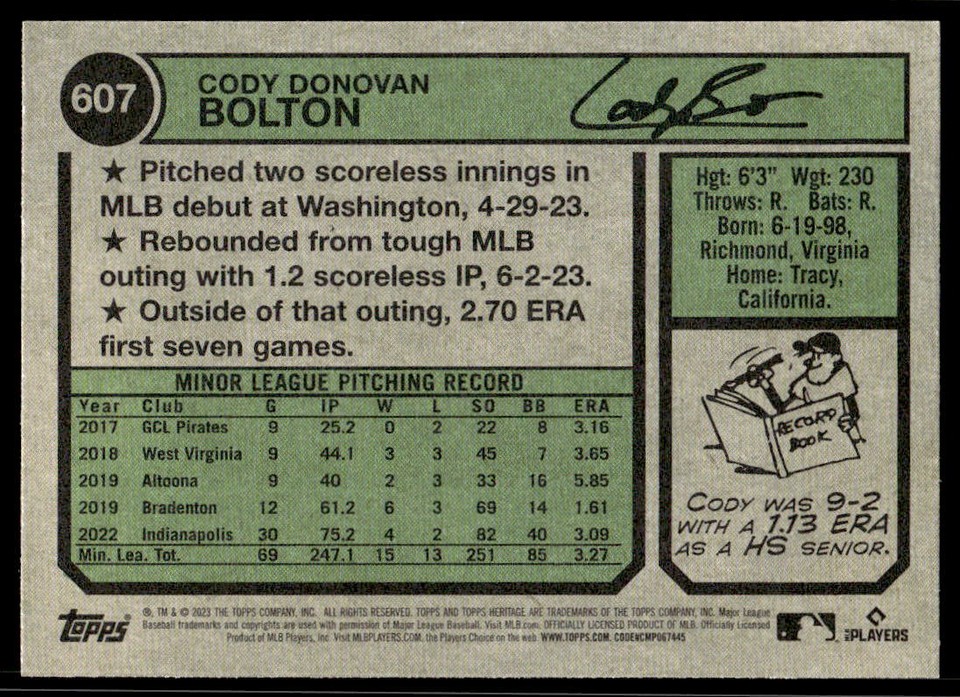 Cody Bolton 2023 Topps Heritage 607 Pittsburgh Pirates RC Baseball Card ...