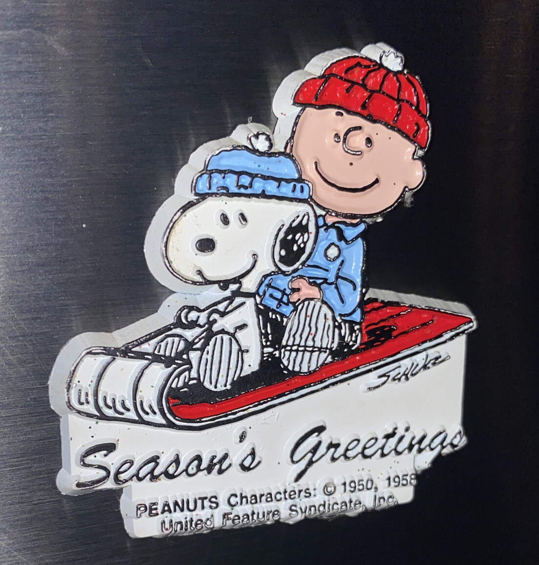 Vintage SNOOPY CHARLIE Peanuts 1958 Frig Rubber Magnet SEASON'S GREET ...