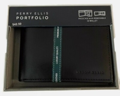 Perry Ellis Black Luxury Leather Portfolio Passcase Wallet with ...