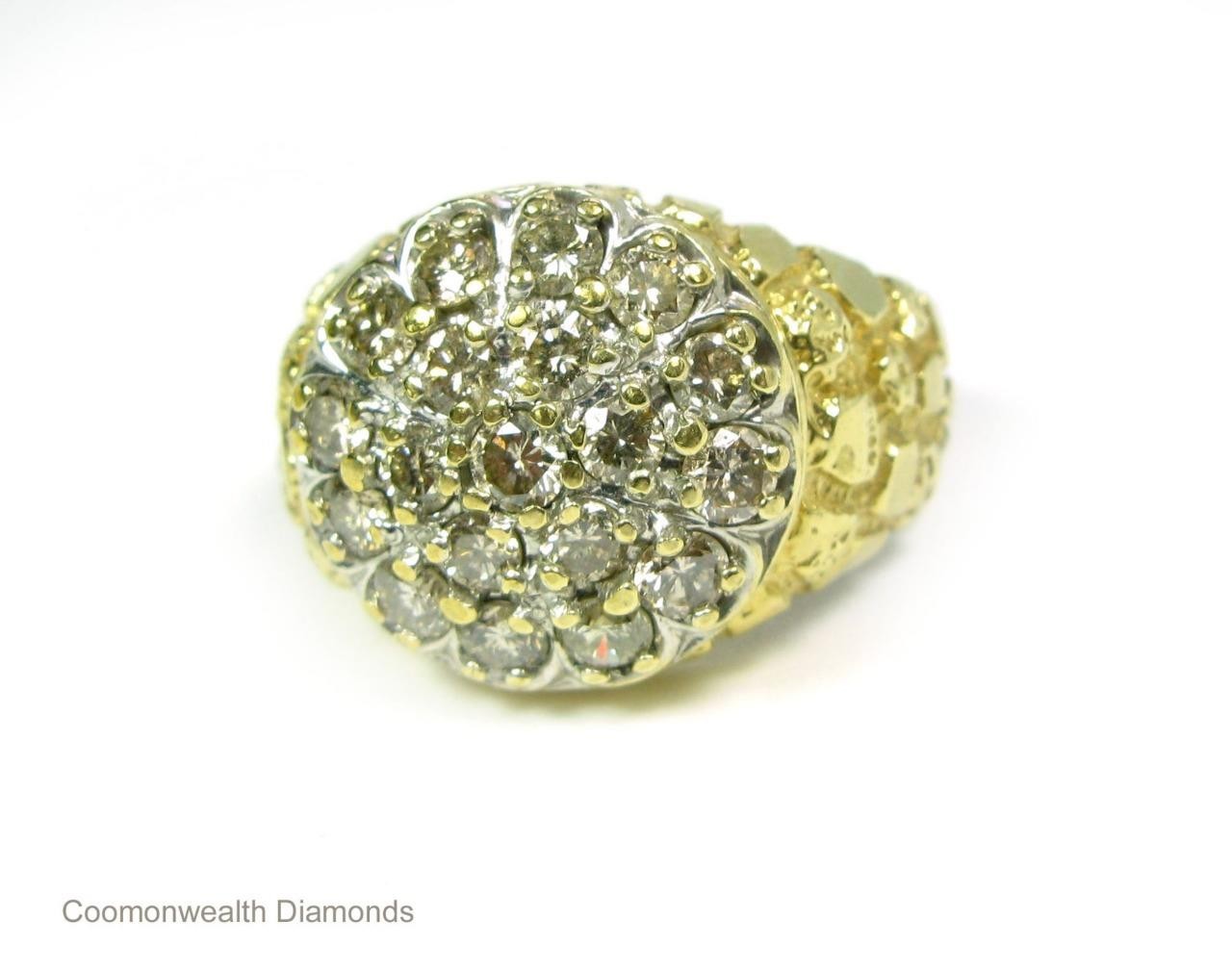 Mens 2CT SI1-SI2 Diamond Kentucky Cluster Nugget Ring 10K Yellow Gold ...