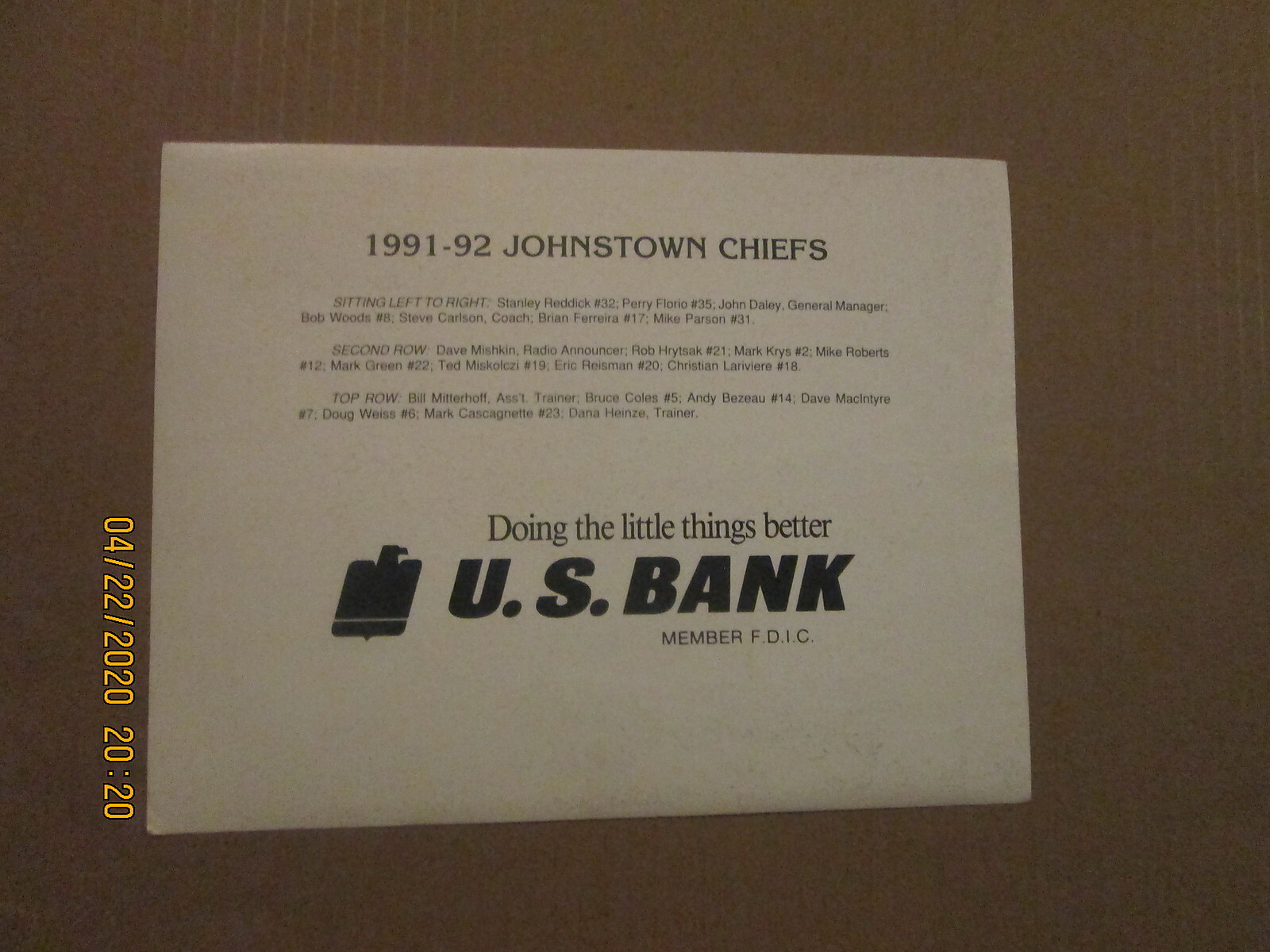 ECHL Johnstown Chiefs Vintage Circa 1991-92 U.S. Bank Team Logo Hockey ...
