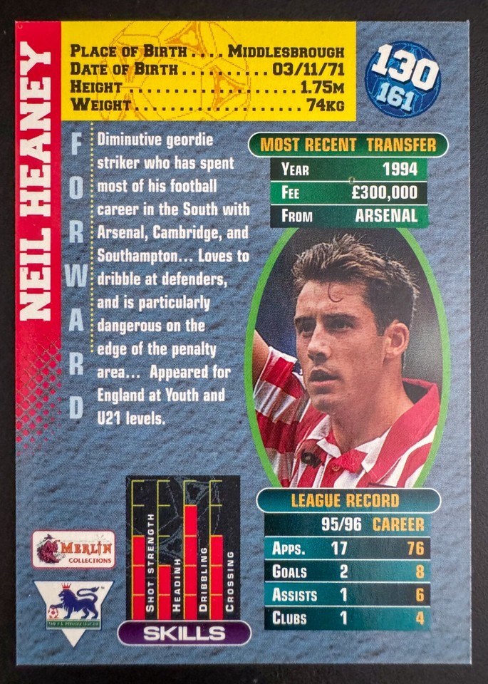 1996-97 Merlin's Premier Gold Soccer Trading Card #130 Neil Heaney ...