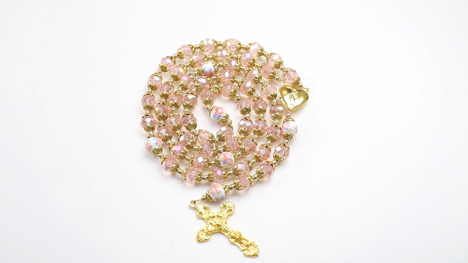 Pink Crystallized Beads Gold Rosary Catholic Holy Mary Locket Medal ...