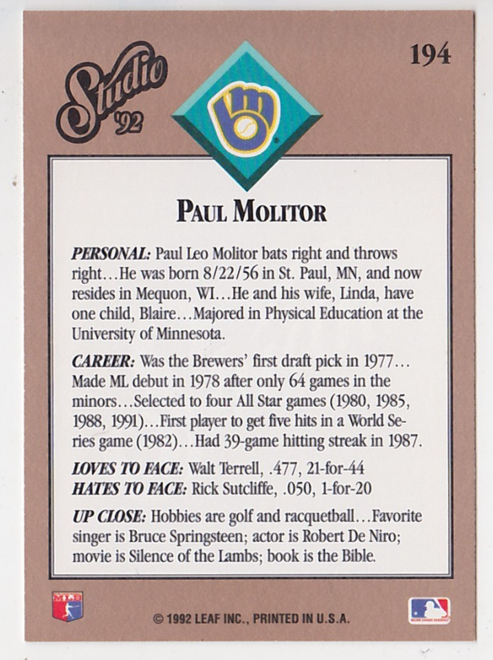 1992 Studio #194 Paul Molitor Brewers | eBay