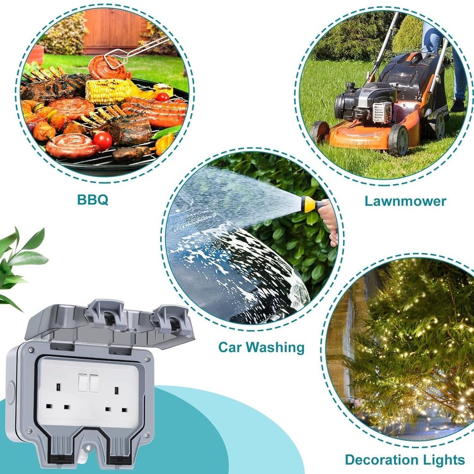 2 Gang Wall Mounted Outdoor Switched Socket Waterproof Garden Covered ...